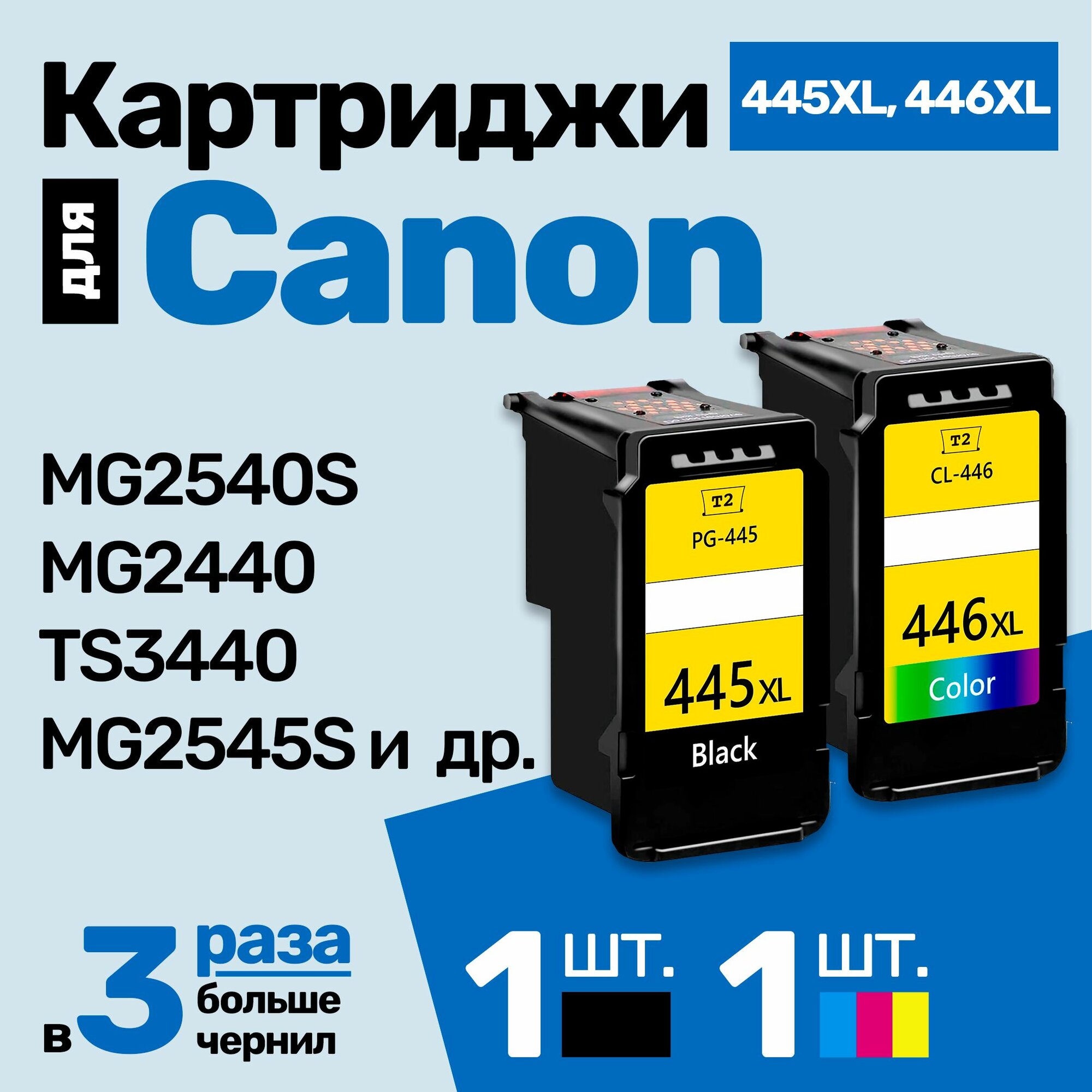 Картриджи к Сanon PIXMA MG2540S MG2440 MG2545S MG3040 TS3340 TS3140 iP2840 TS304 TR4640 MG2940 (PG-445XL, CL-446XL) и др, заправляемые для принтера, Черный Цветной увеличенный объем 2 шт.