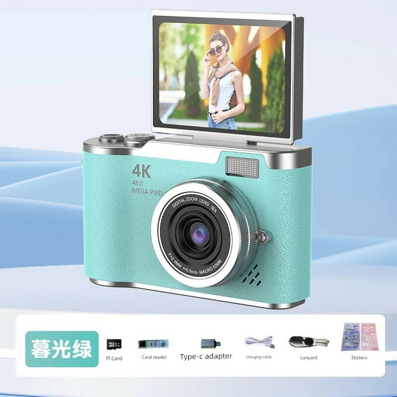 Цифровая камера C7 с поворотным экраном 180°, фильтром красоты, записью 4K и картой памяти 128 ГБ, зеленый
