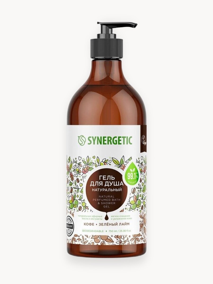 Гель для душа SYNERGETIC "Кофе и зеленый лайм" увлажняющий, натуральный, 750мл