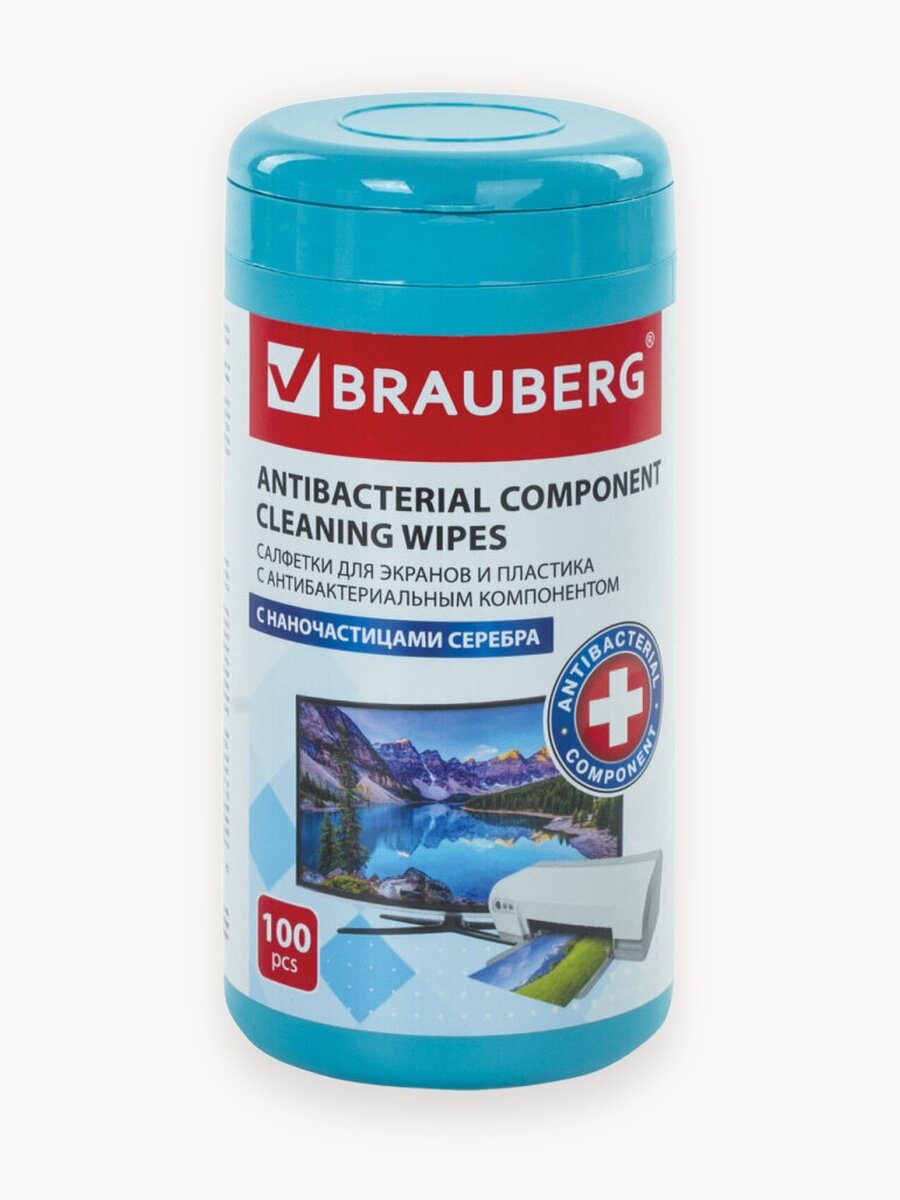 Салфетки Антибактериальные Для Мониторов И Пластика, Плотные, Brauberg, 100 шт, 513476