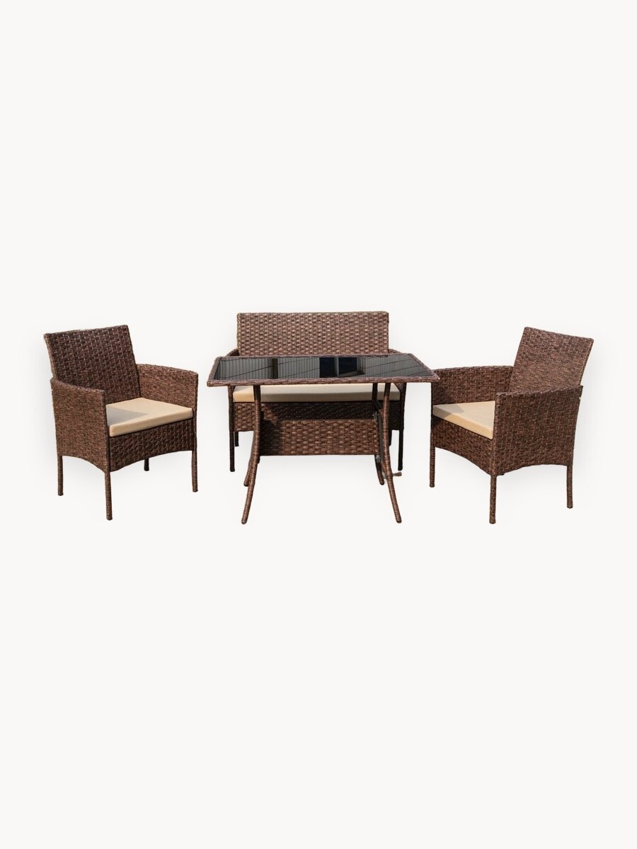 Комплект садовой мебели Full Comfort - SHARK из искусственного ротанга (обеденный стол, диван, 2 кресла) коричневый