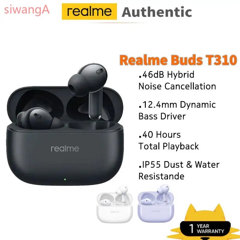 Наушники realme Buds T310, оснащённые микрофоном, выполненные в чёрном цвете, предлагаются к приобретению с беспроводным подключением по Bluetooth