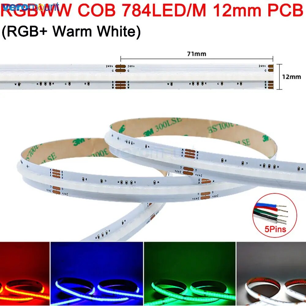 Veromount RGB COB светодиодная лента 5м RGBWW 784LEDs 12mm, 24V DC