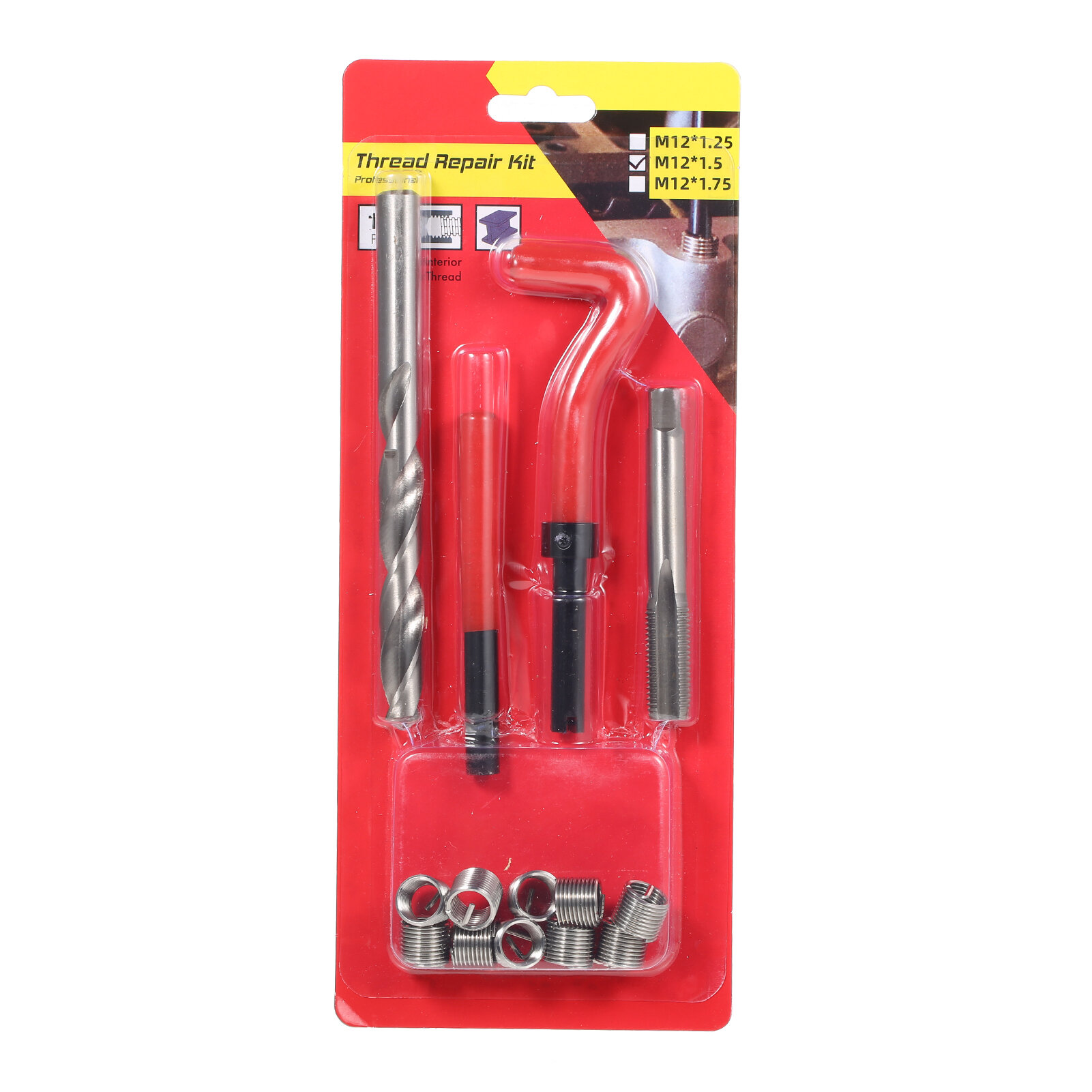 Набор для ремонта резьбы метрической 15 штук Helicoil M5 M6 M8 M10 M12 M14 M12*1.5 инструмент для автомобилей сталь серебристый размер упаковки 21*17*3см вес 383г