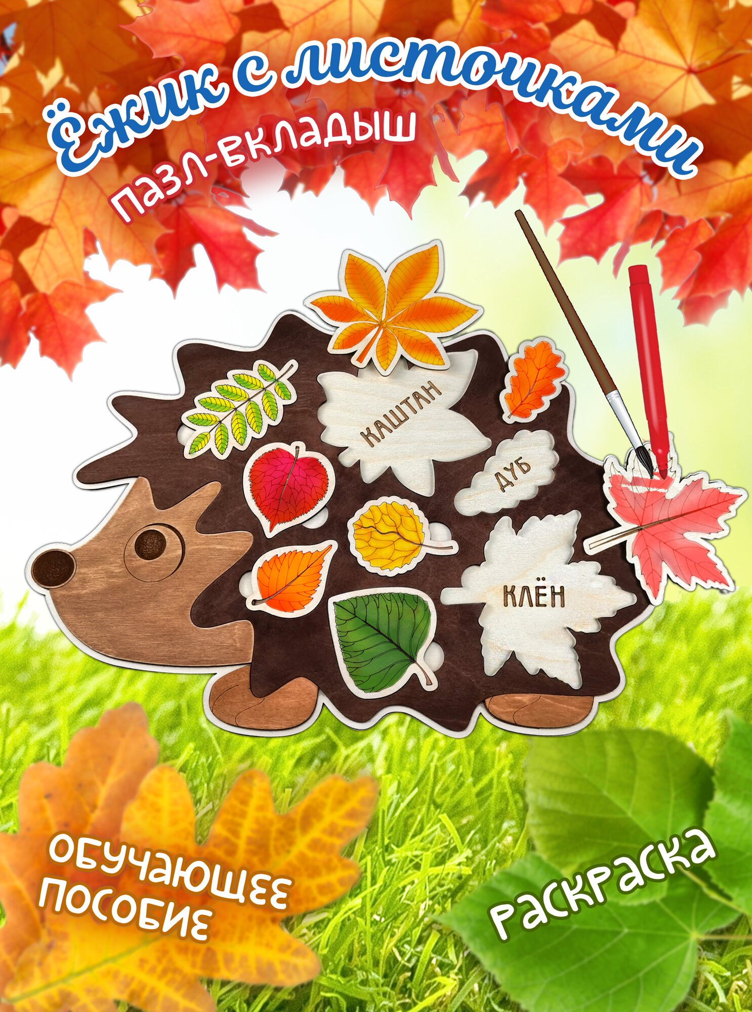 Раскраска Woodenking из дерева "Ежик" развивающая игра, для детей от трех лет, ручная работа