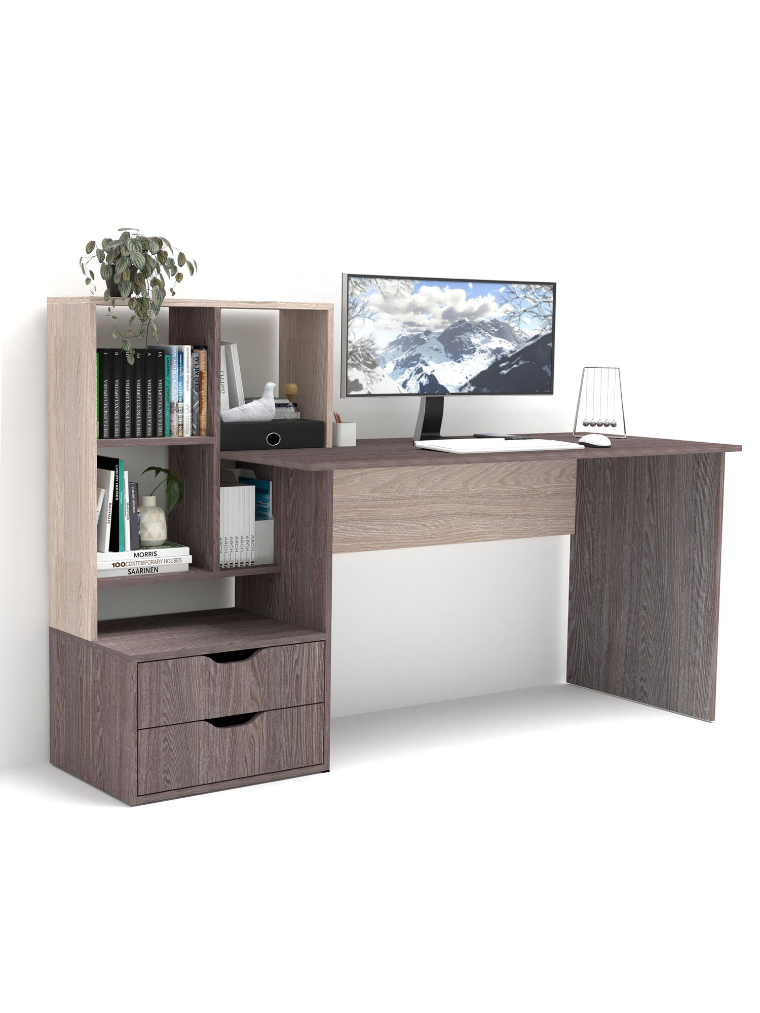 Есэндвич Лаворо 5 Компьютерный стол со стеллажом и ящиками 170х110х60 см левый (Анкор тёмный/Анкор светлый)