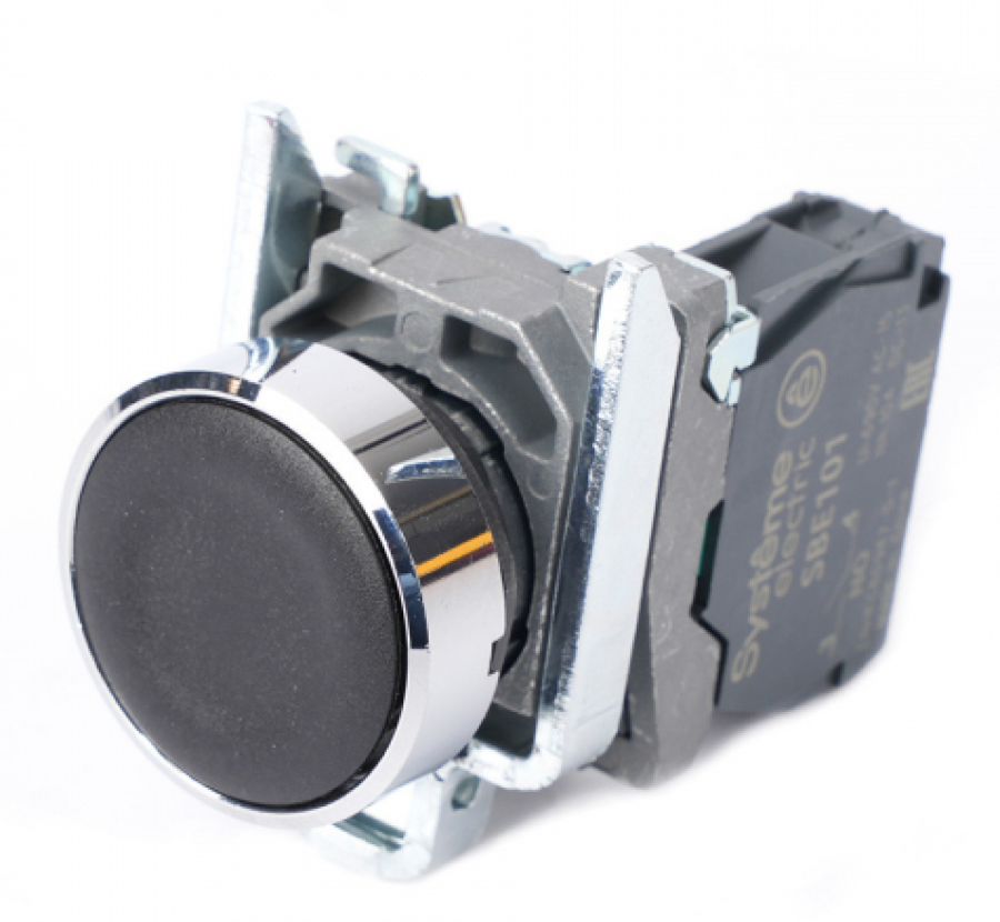 Кнопка управления Systeme Electric / Систем Электрик SB4 модульная в сборе, черная металл, с возвратом, 1НО, под отверстие диаметром 22мм, SB4BA21 / кнопочный пост