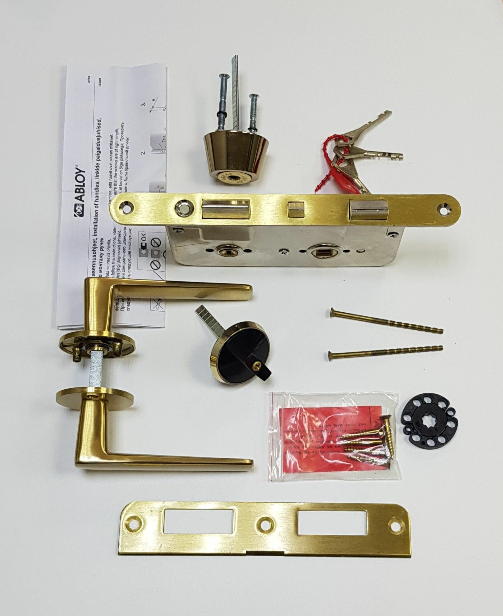 Замок врезной Abloy 2500 wartsila SUN2002043/52-06 правый +ручки Forum 4/2007латунь + цилиндр+ответка полир. золото
