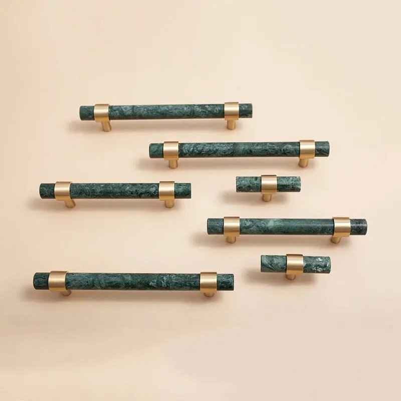 Латунные ручки для шкафов из мрамора, белые, набор из 1 штуки 128mm hole centers, Green Stone