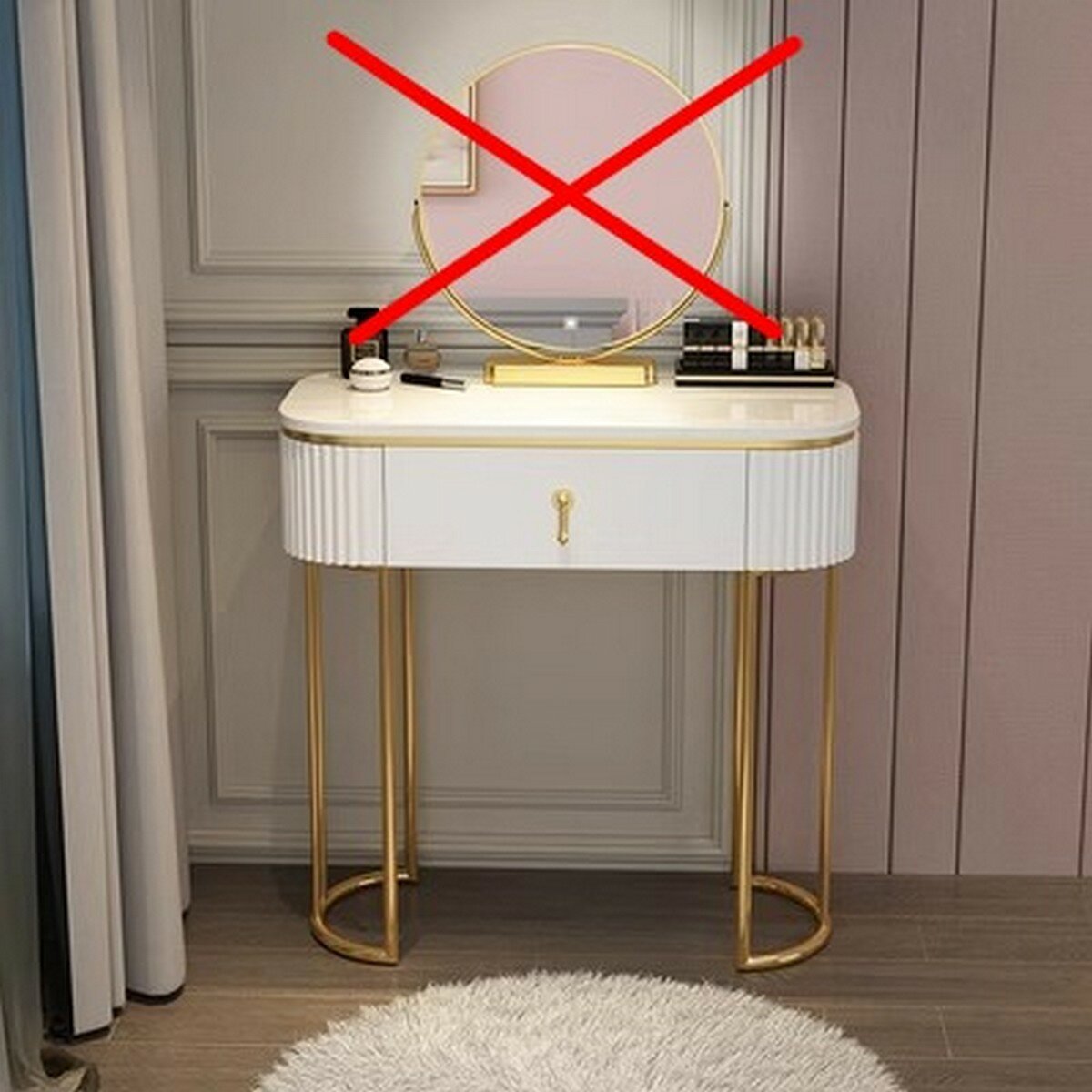 Туалетный столик из МДФ Marta, без тумбы, белый с золотом (80 см столик без зеркала без стула)