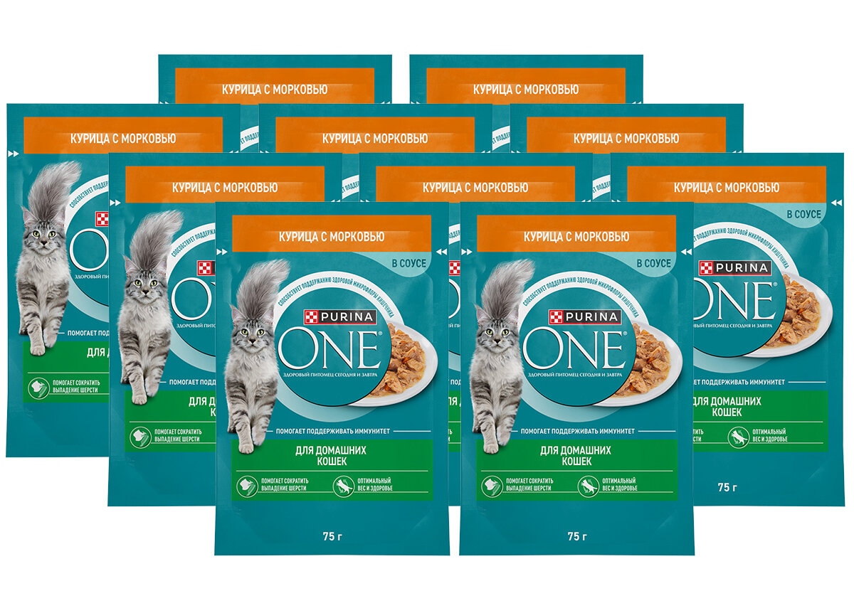 PURINA ONE для взрослых кошек, живущих дома, с курицей и морковью в соусе пауч (75 гр х 10 шт)