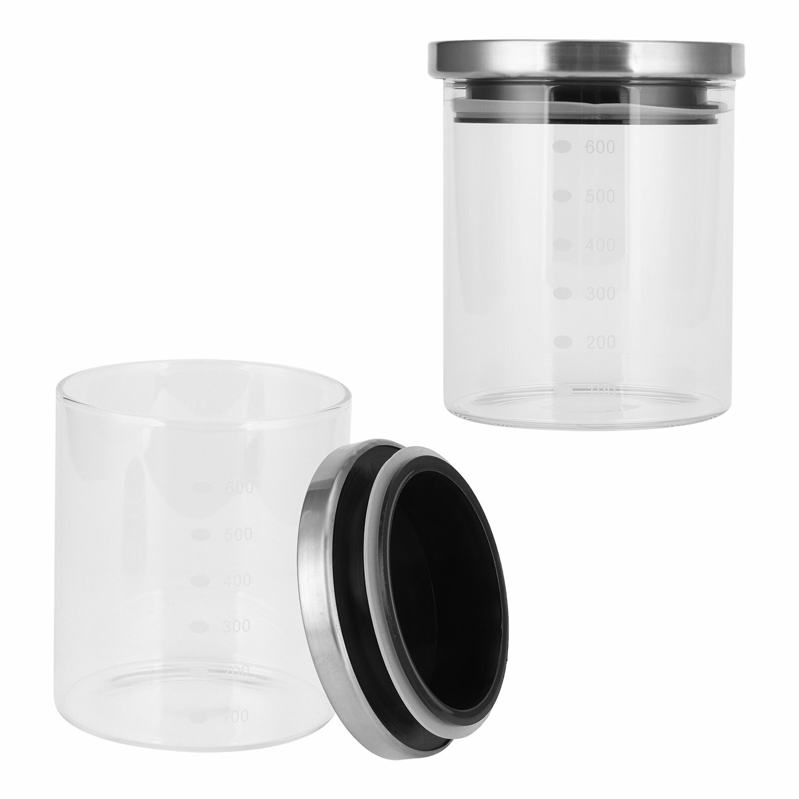 Канisters для хранения продуктов с крышкой из нержавеющей стали и линией graduations Kitchen Sealed Jar для дома 600ml, прозрачный, материал боросиликатное стекло+нержавеющая сталь+силикон, вес approx. 286-359g / 10.1-12.7oz, для кофеен, отелей, чайных