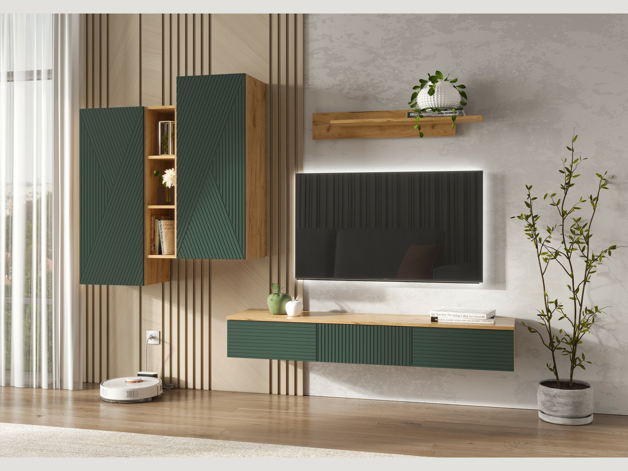 Модульная Гостиная, вариант №2, фасады с фрезеровкой, Браш мени грин/Дуб крафт