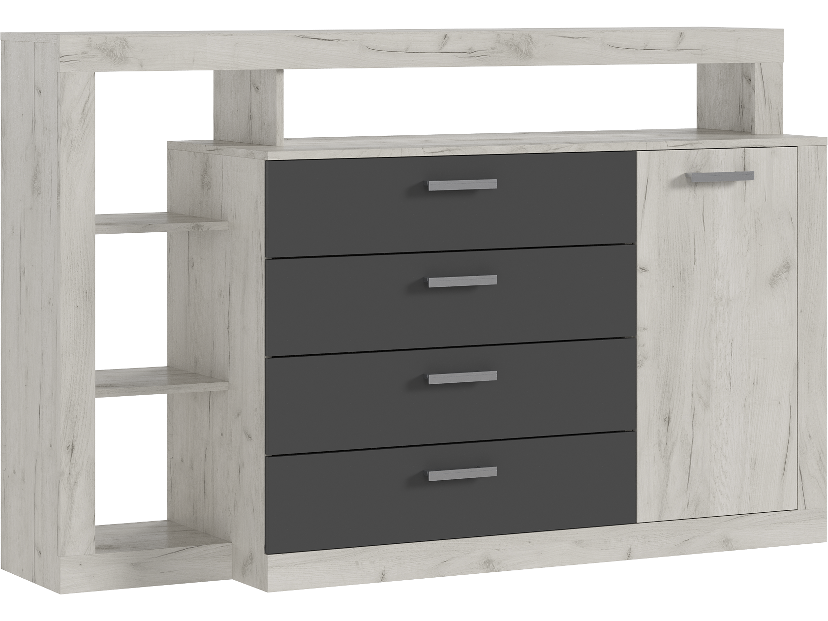 Комод в современном стиле, 4 ящика + 1 дверь, Графит/дуб крафт белый
