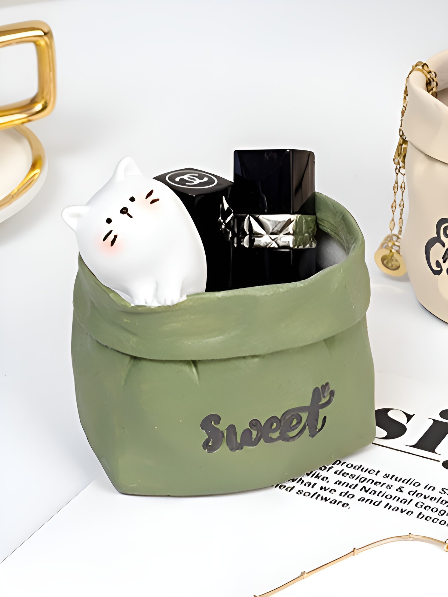Подставка для канцелярии / органайзер настольный "Sweet cat", green, 9,5х8х8 см YZ