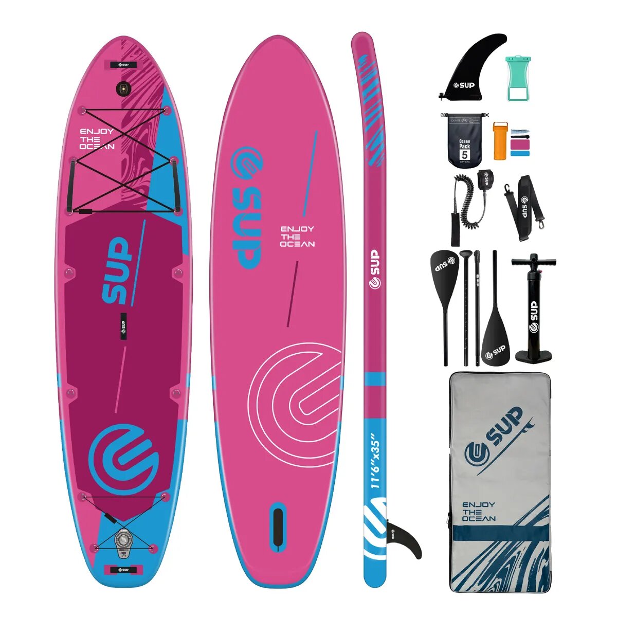 Надувная SUP-доска E-SUP PINK CARNATION 11'6 (350x88x15 см) с 4-х секционным каячным веслом / Сап-доска для серфинга, йоги и водного отдыха, Надувной сапборд