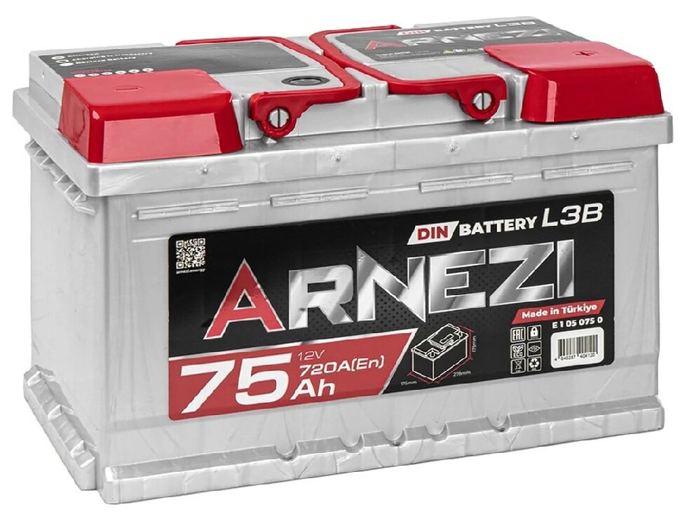Аккумулятор автомобильный Arnezi DIN 75 А/ч 720 А обр. пол. низкий Евро авто (278х175х175) E1050750
