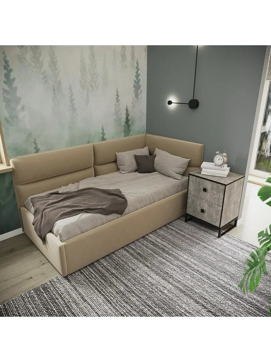 Кровать детская, угловая, с подъёмным механизмом, ортопедическая, велюр, ЛДСП, бежевая, 90x200см
