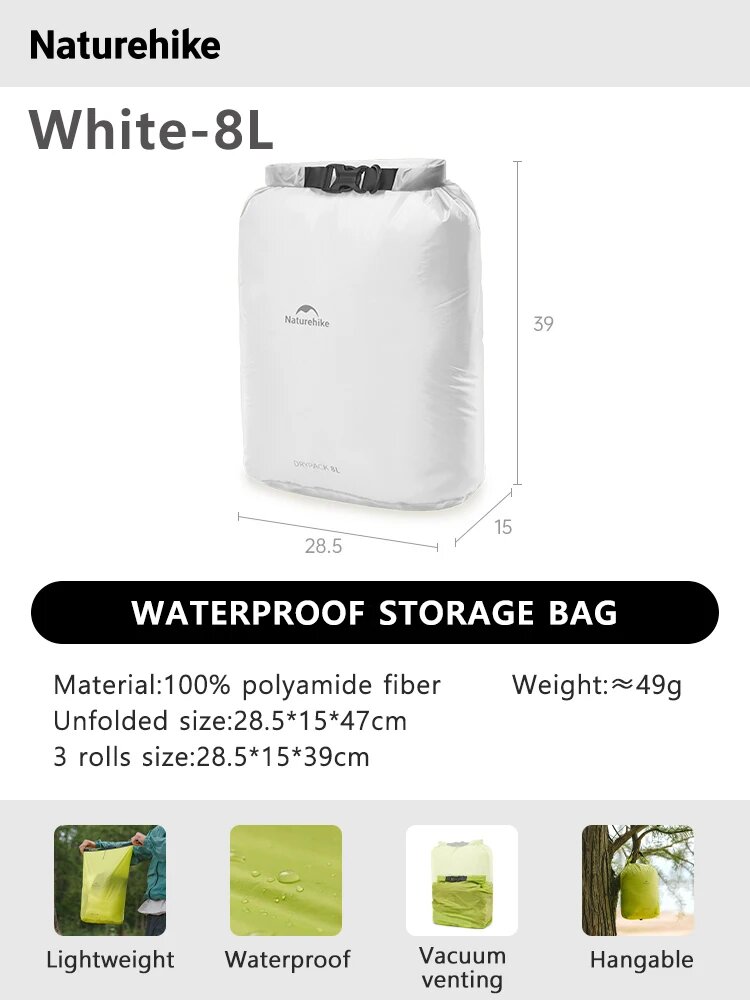 Водонепроницаемая сумка Naturehike 2л 4л 8л из нейлона для кемпинга, плавания, Белый, White 8L