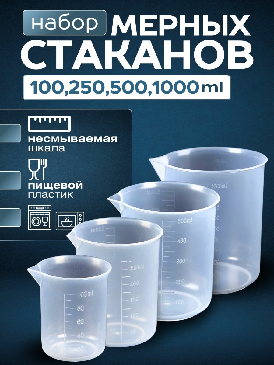 Емкость мерная, 100 мл, 1000 мл, 250 мл, 500 мл, 4 шт