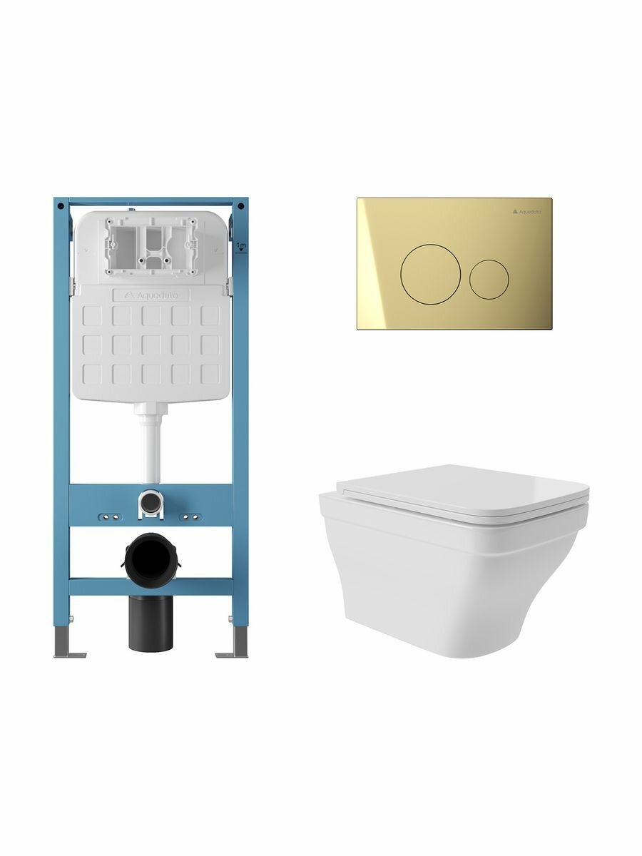 Комплект Aqueduto: Система инсталляции TECNICA Novo, Панель смыва CIRCULO Novo, шлифованное золото, Унитаз подвесной ESTETA 520*370 безободковый, сиденье с микролифтом, белый глянцевый AQDS240