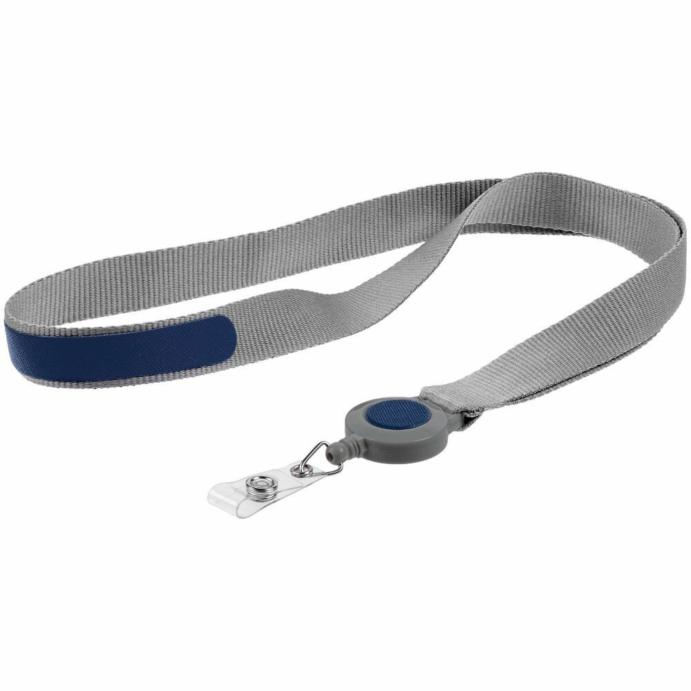 Лента для бейджа с ретрактором Devon, серая с синим, ширина ленты 2 см, длина в развернутом виде 84 см