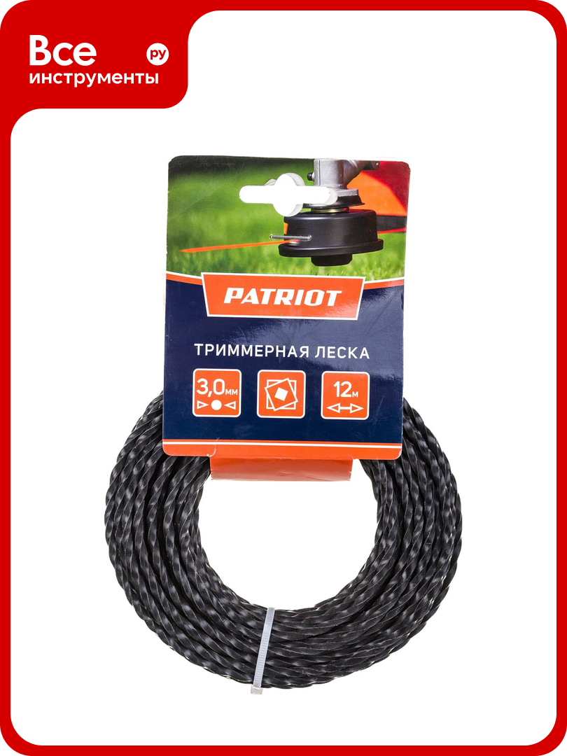 Леска для триммера (3.0 мм; 12 м; скрученный квадрат) PATRIOT 300-12-5, Поставляется в картонном подвесе