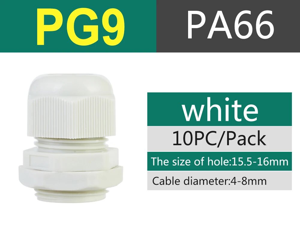 10 шт, нейлоновые кабельные вводы IP68 PG7 PG9 PG11 PG13.5 PG16 PG21 черный белый PG9 White 10PCS