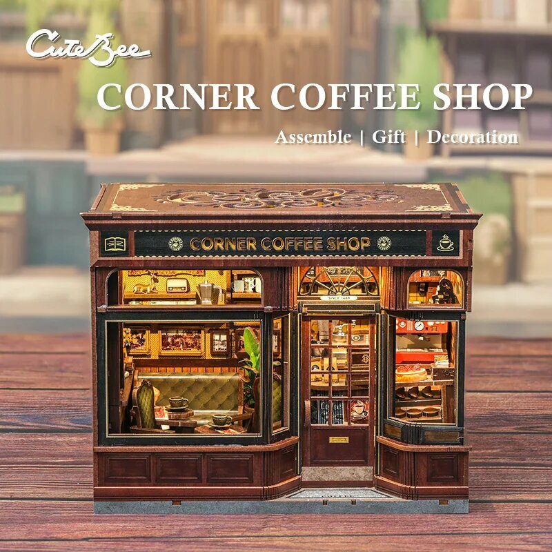 CUTEBEE Миниатюрный деревянный кукольный домик Corner Coffee Shop