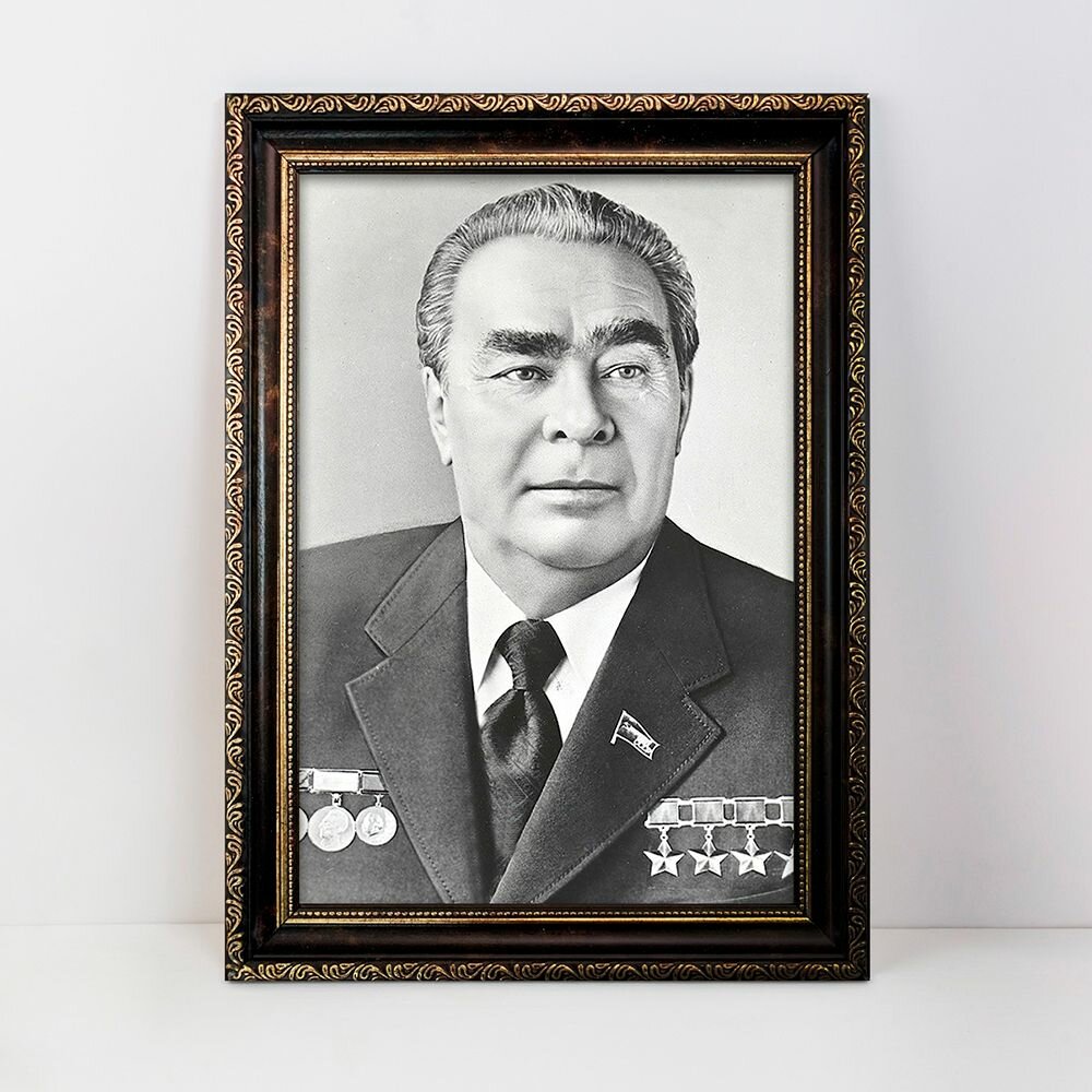 Портрет Брежнева Л. И. в багетной темно-коричневой рамке / А-4 (21x30 см.)