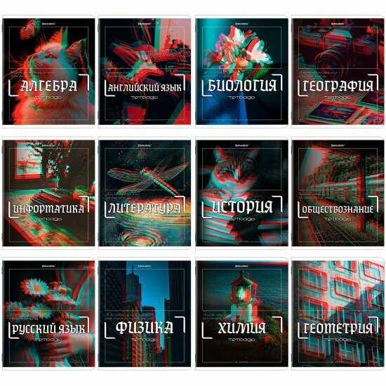 Тетради предметные Brauberg , комплект 12 предметов, 48 л, глянцевый УФ-лак, "GLITCH", 405170