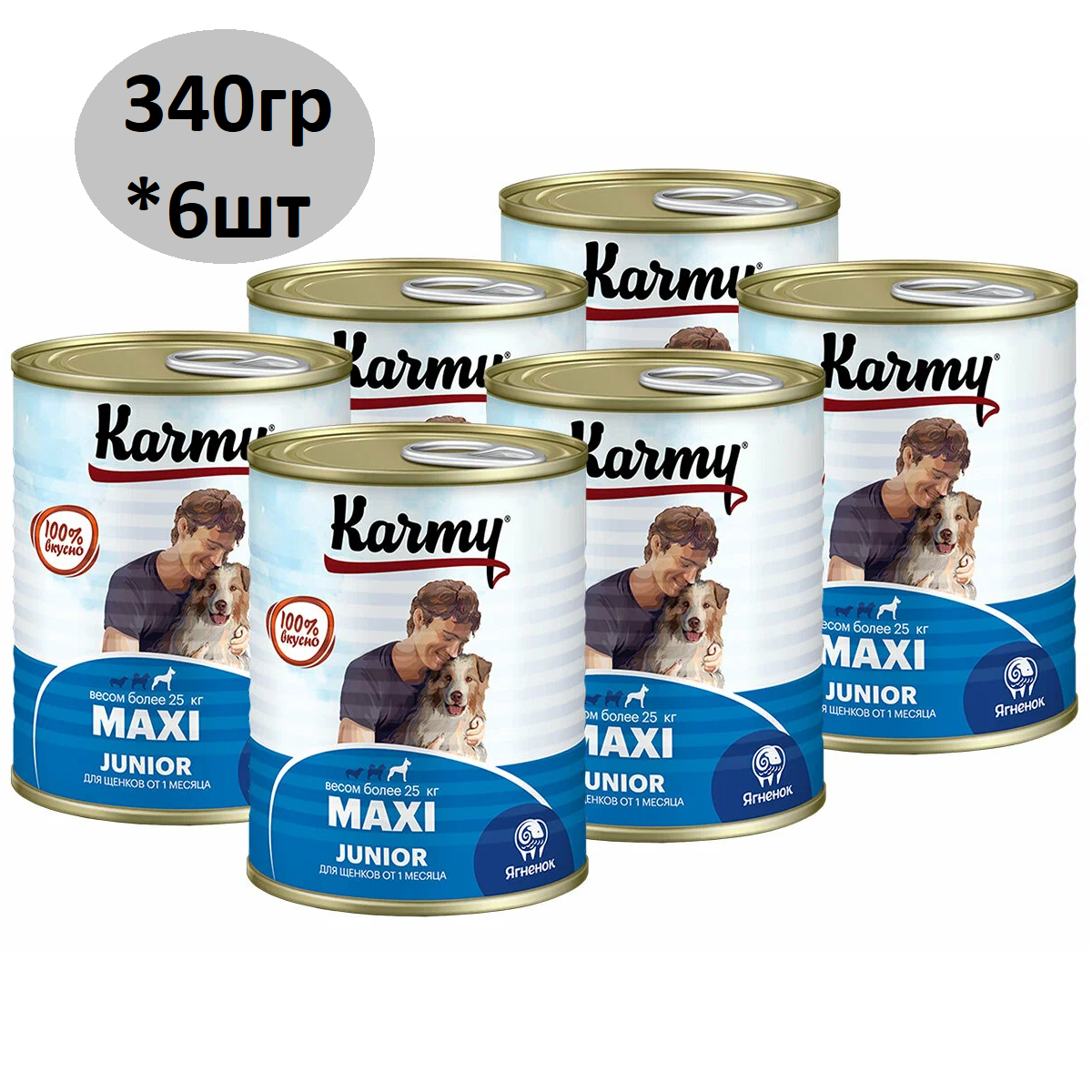 KARMY MAXI Junior Полнорационный консервированный корм для щенков крупных пород с ягненком, 340г*6шт