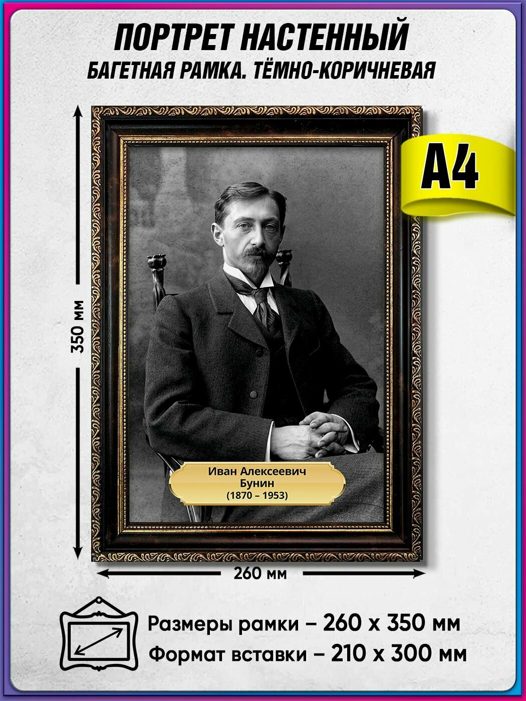 Портрет Бунин И. А. в багетной темно-коричневой рамке / А-4 (21x30 см.)