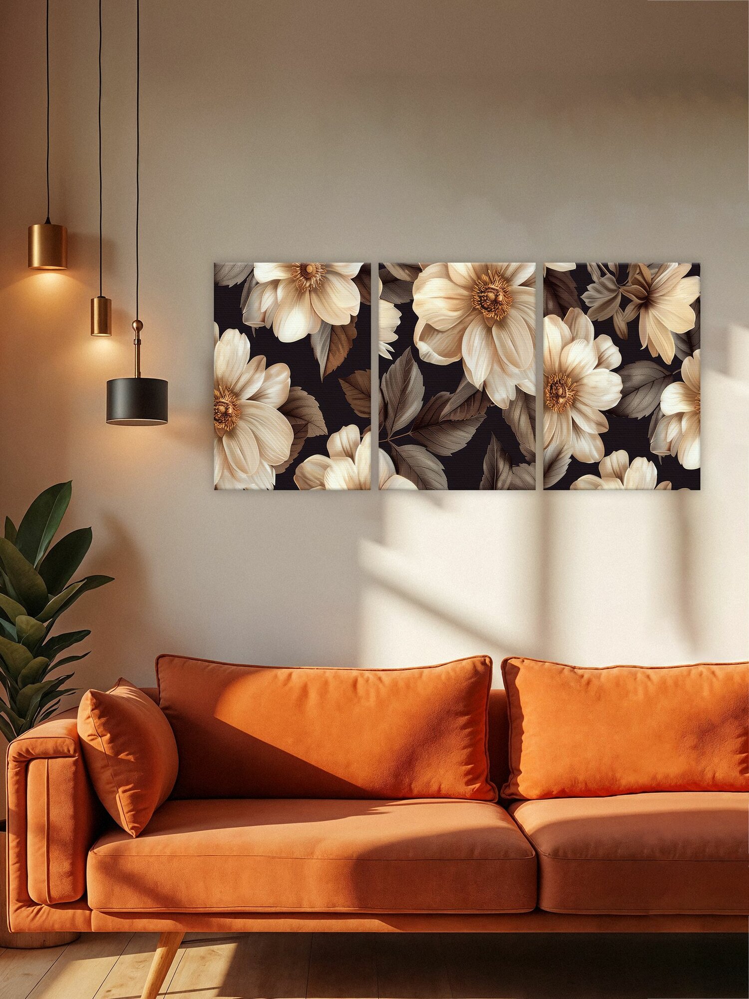 Модульная картина Цветы-2, 60х120 см, 3 модуля, черный фон, DeFine