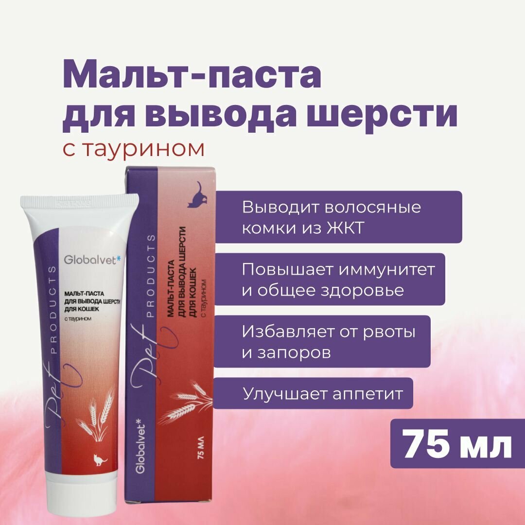 Мальт-паста для кошек Globalvet для выведения шерсти из желудка, с таурином, 75 мл