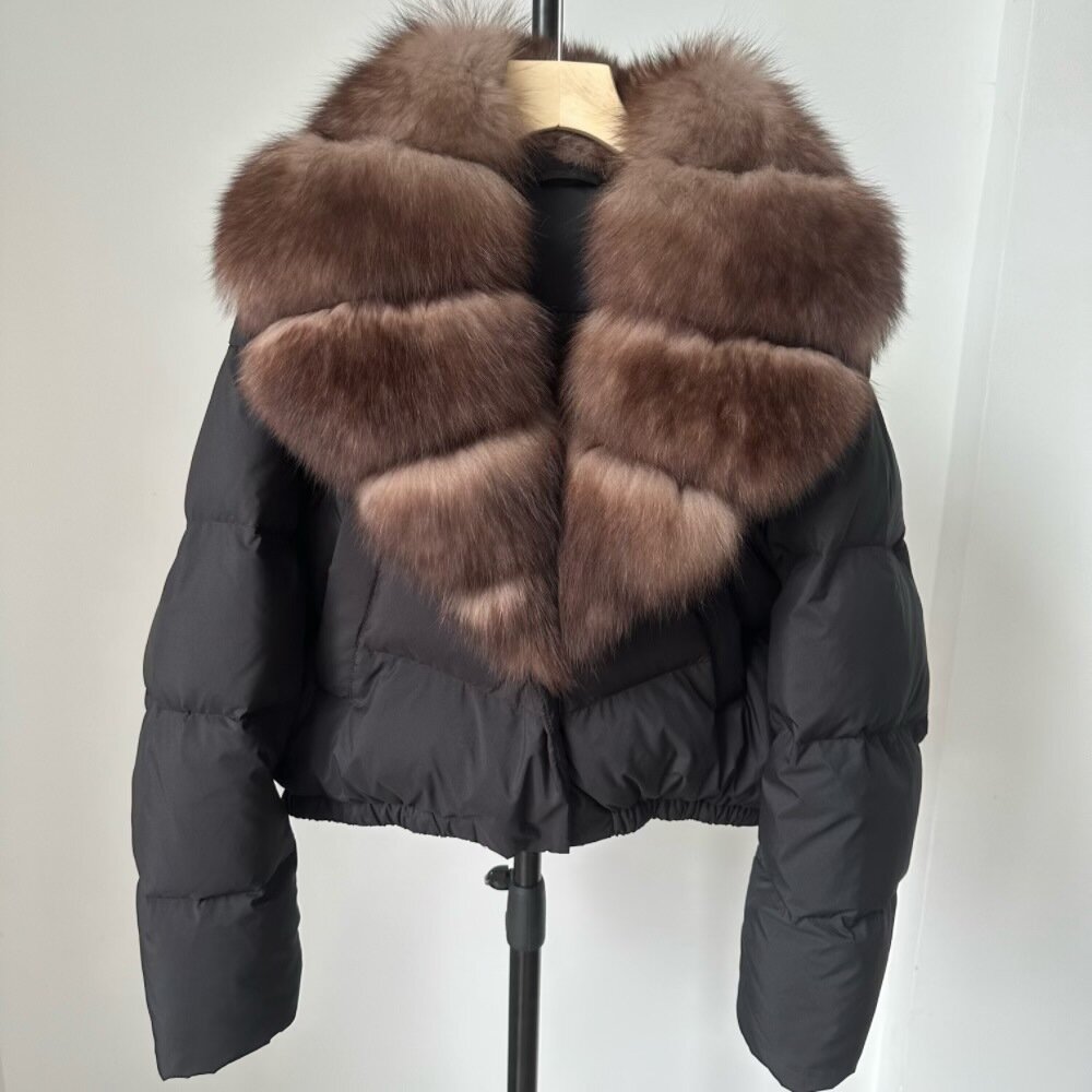 Популярная женская зимняя куртка-пуховик на AliExpress, короткий фасон, модная женская куртка высокого класса, темпераментная, универсальная, с большим меховым воротником.