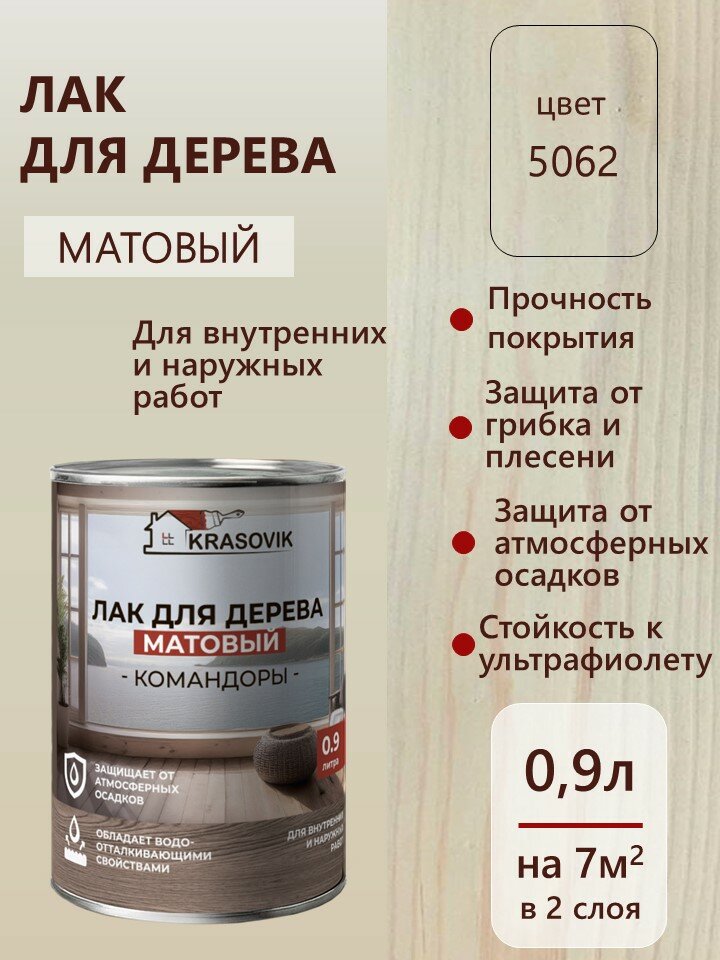 Лак для дерева матовый для наружных и внутренних работ Krasovik Командоры 0,9л. цвет 5062 / защита от грибков и плесени