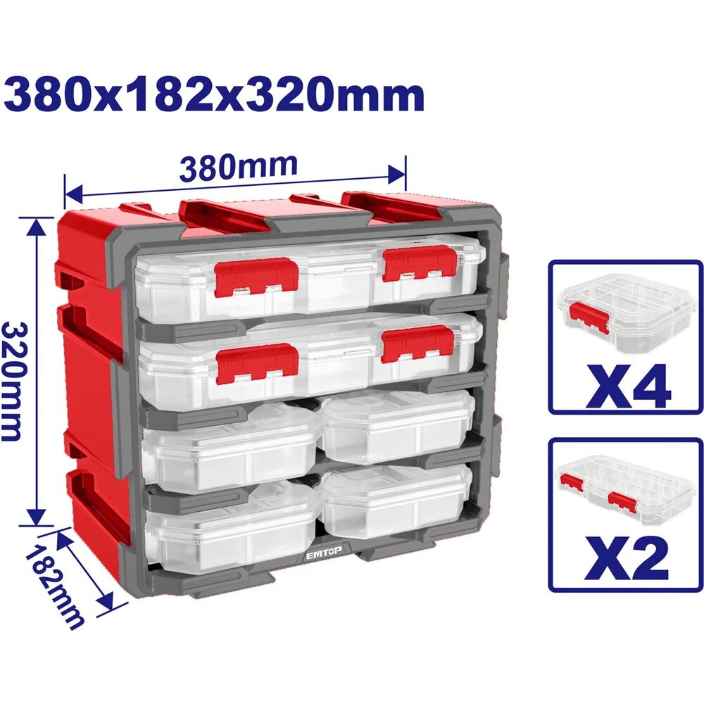 EMTOP Система хранения с пластиковыми ящиками Прозрачный органайзер из 4 предметов Размер: 180x165x50 мм и 2 предметов Размер: 320x180x50 мм EMTB8346
