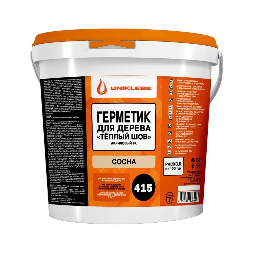 UNIKLEBE 415 Герметик акриловый для дерева по технологии «тёплый шов», сосна, 7 кг, 4151070