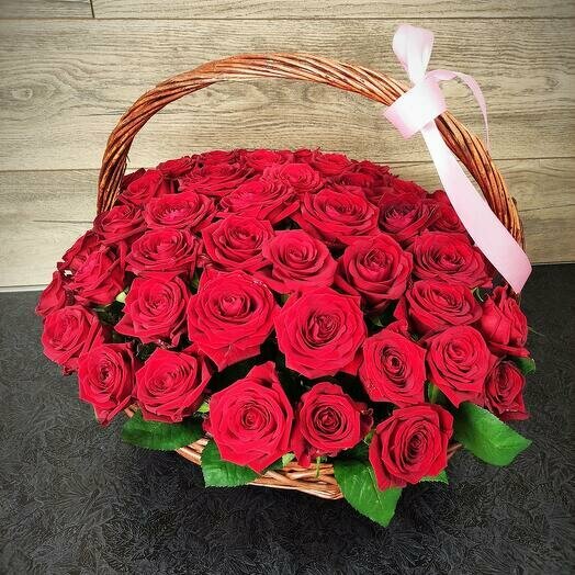 Букет красная роза 51 шт. в корзине, красивый букет цветов, шикарный, цветы премиум.