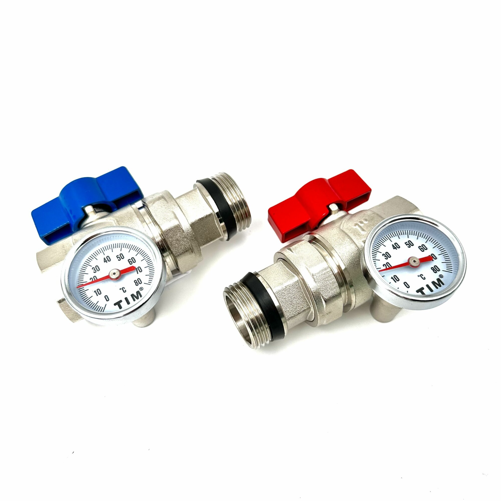 Шаровые краны комплект 1" ВР/НР с американками, термометрами (пара: красная + синяя бабочка), TIM, M308-4T
