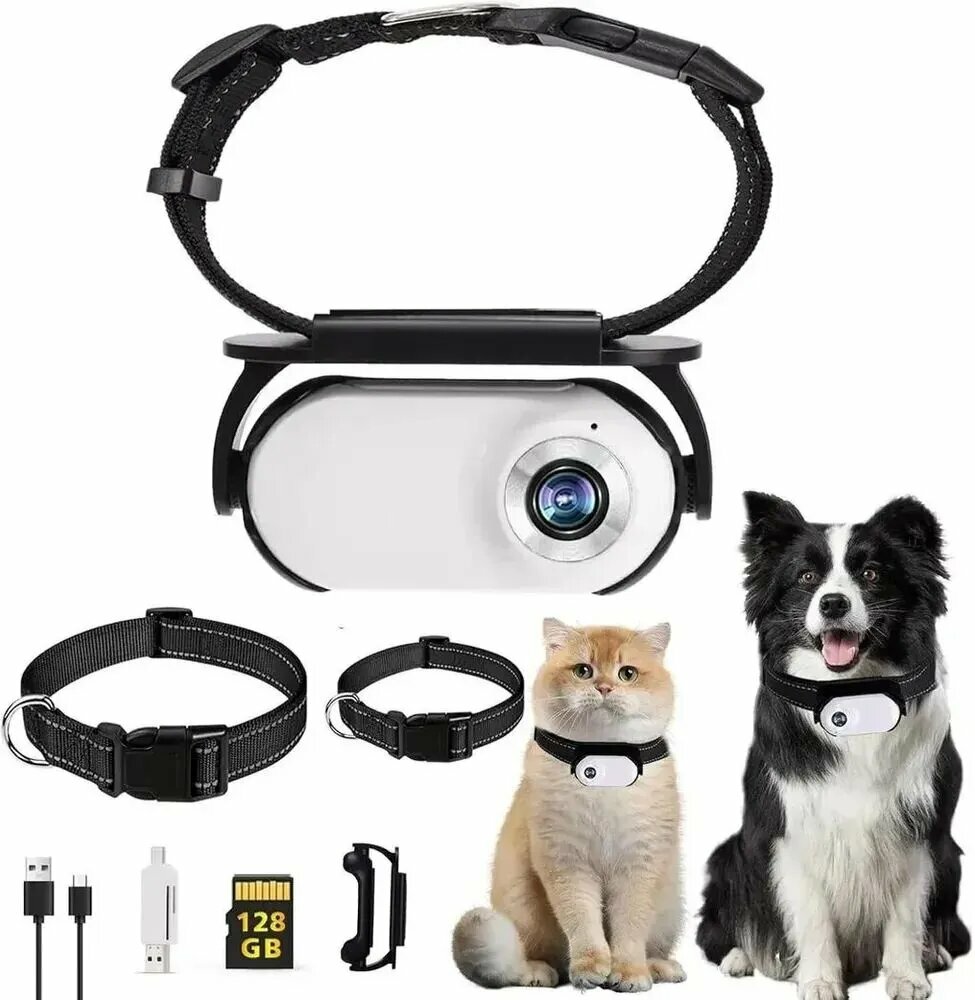 Ошейник для кошки, собаки с камерой Экшн-камера для животных, 128 ГБ с поворотом на 360 HD 1080P