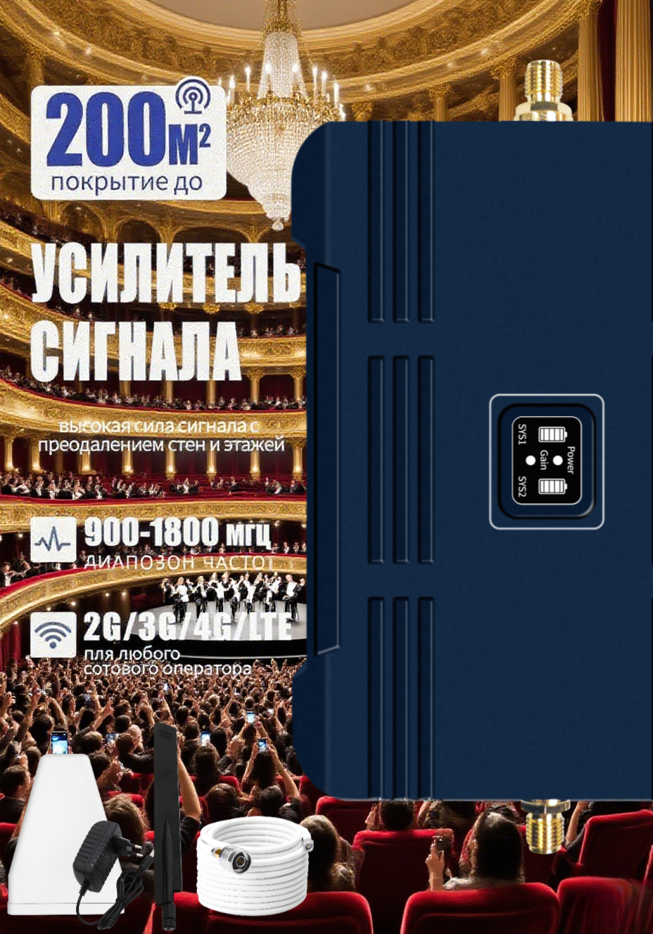 Усилитель связи 2G/3G/4G (900/1800 МГц), до 200 м², дальность 20 км