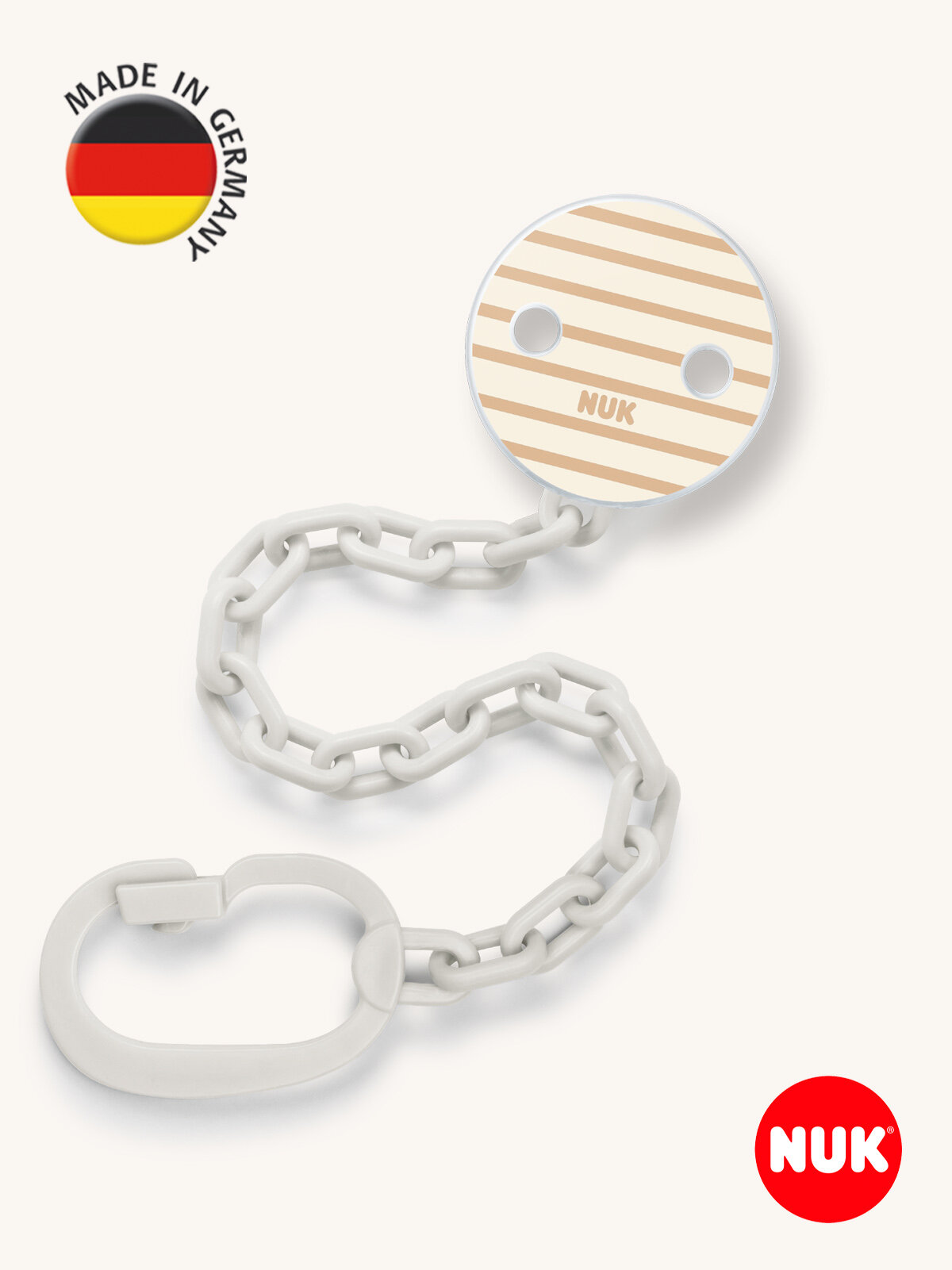 Клипса (держатель) для соски-пустышки с цепочкой, бежевые линии 0+