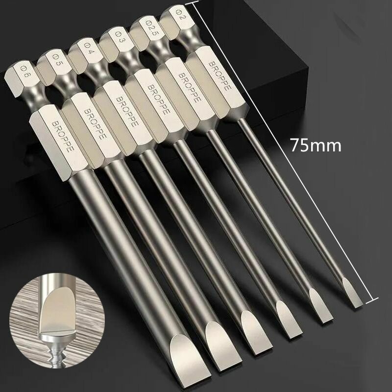 Набор отверток с плоской головкой, магнитный наконечник SL шлицевая головка, шестигранный хвостовик, электроинструмент бита-драйвер, 75 мм 6 шт.