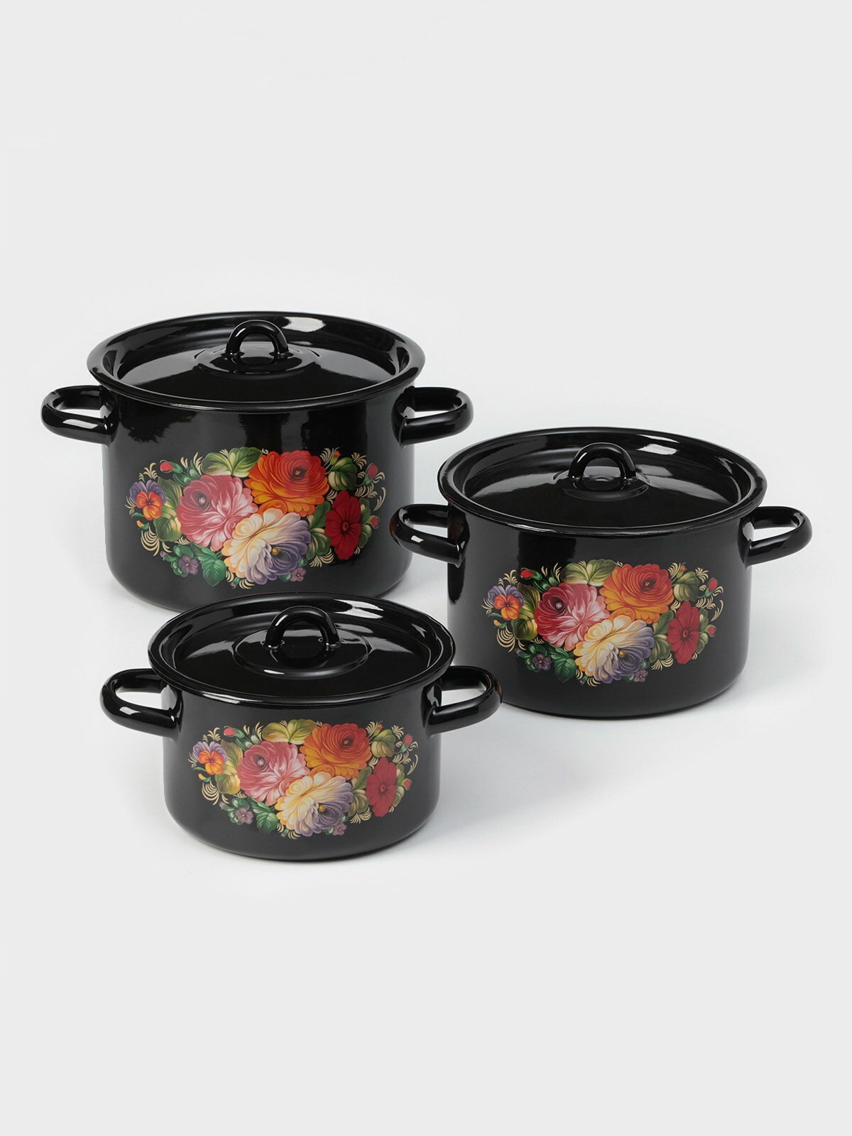 Набор кастрюль эмалированных "Жостово", 3 шт: 1.5 л, 2.9 л, 4.5 л, чёрный