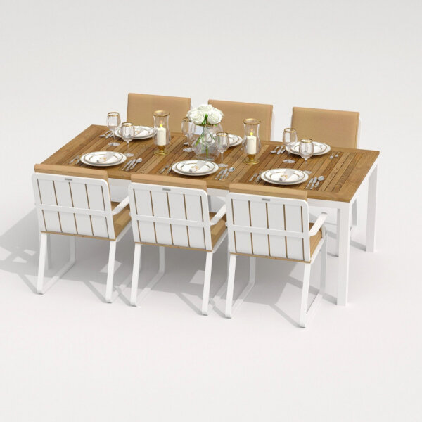 Комплект садовой мебели, обеденная группа TELLA ALBA каркас белый / стол тик 200 / ткань бежевая