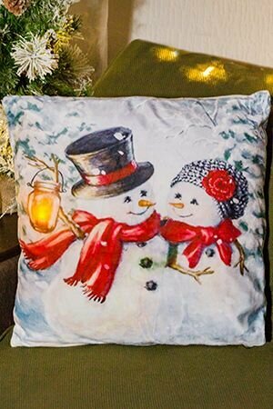 Светящаяся подушка влюблённые снеговички, 1 тёплый белый LED-огонь, 45х45 см, батарейки, Peha Magic CU-10420