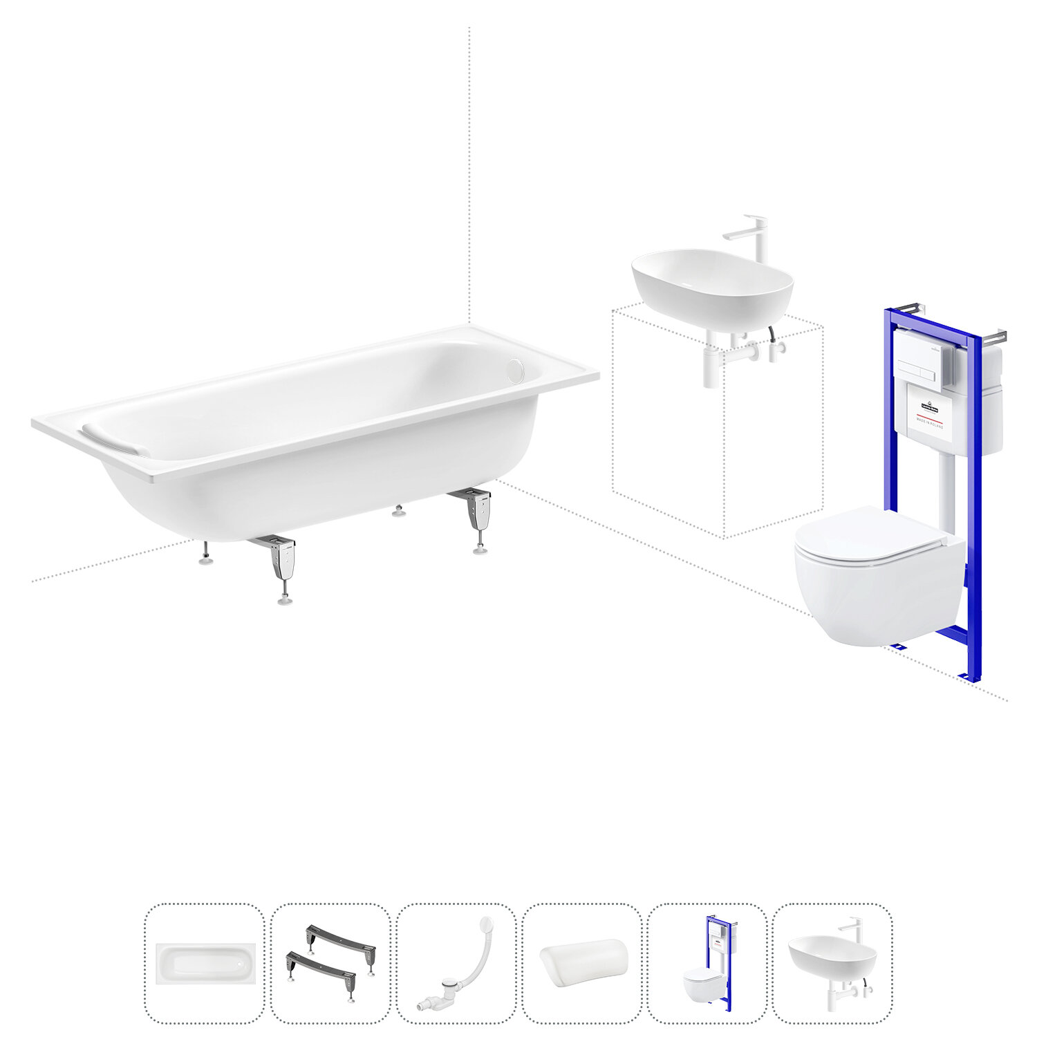 Стальная ванна 170х75 Sanitana BLB Europa 20220818R в наборе 6 в 1: металлическая ванна 170 х 75 см, ножки, слив-перелив, подголовник, инсталляция с унитазом, раковина с комплектом для подключения