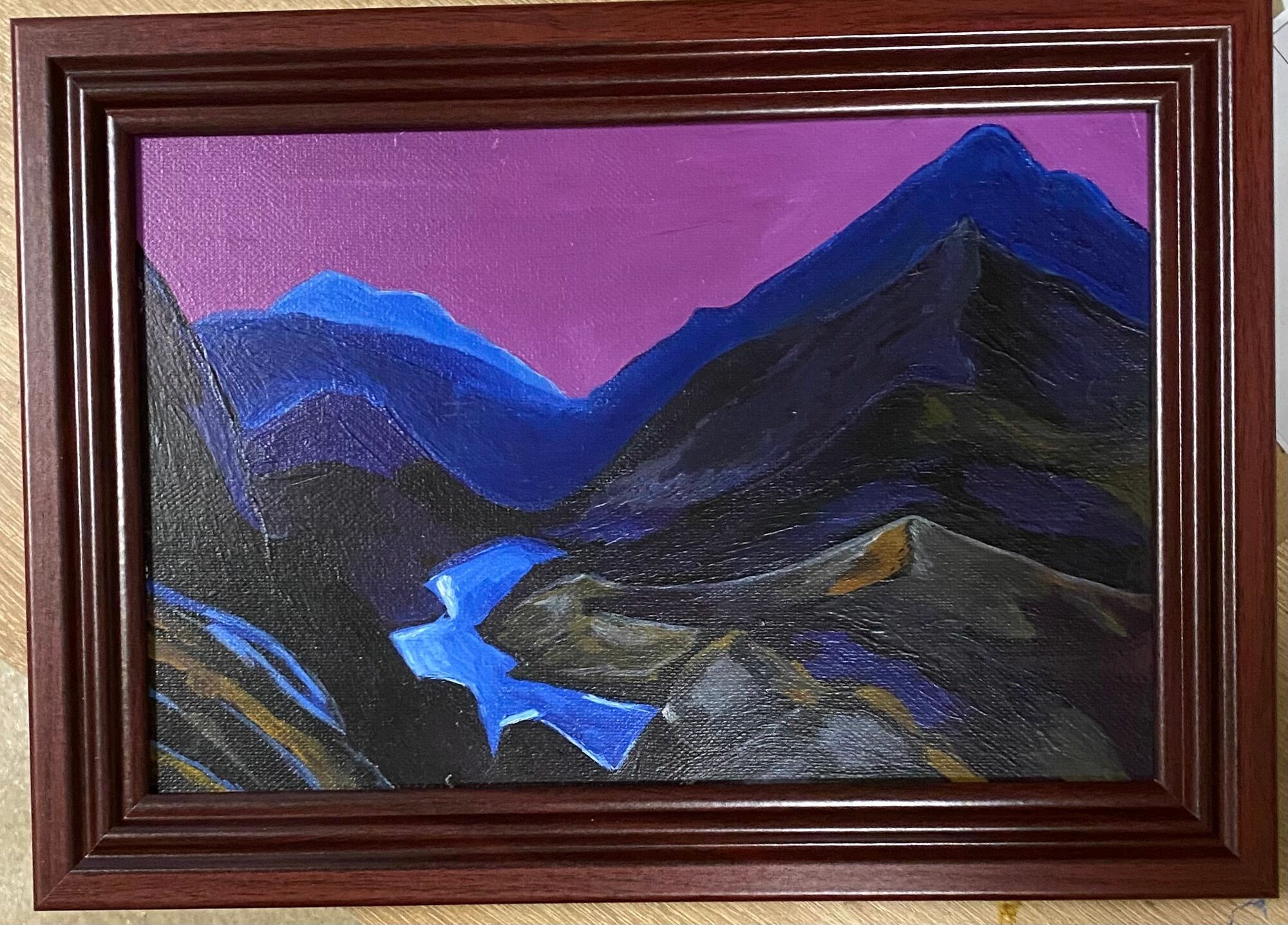 Картина в раме! Закат в горах. По мотивам Рериха. 20/30. Холст. Темпера. Художник Миляева Н